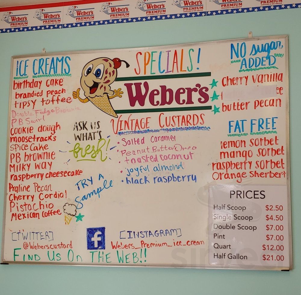 Weber's Premium Custard & Ice Cream menu in Fairview Park, Ohio, USA