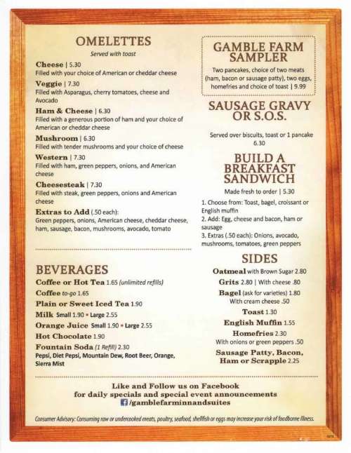 Gamble Farm Inn Restaurant menu in Jersey Shore, Pennsylvania, USA