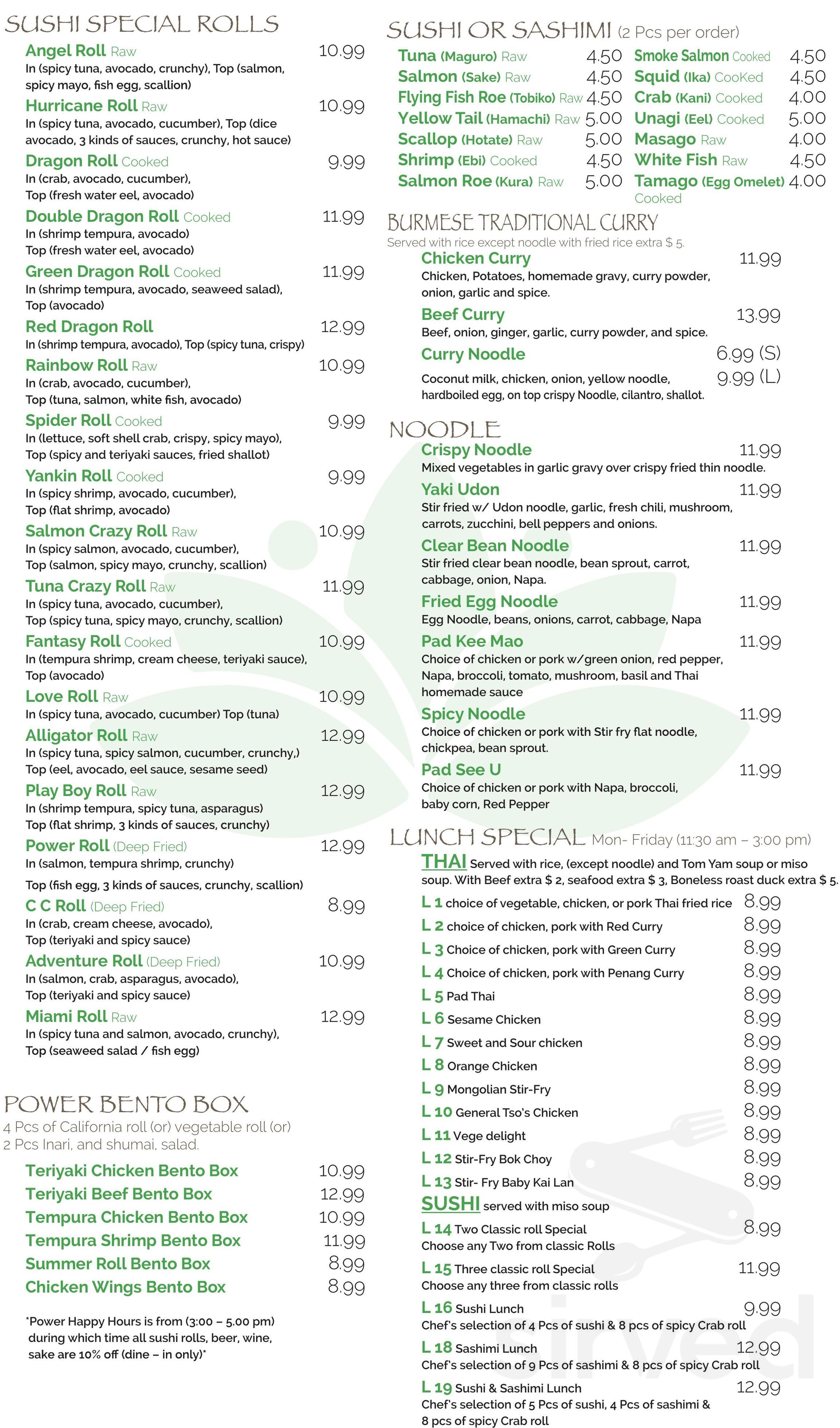 Power Sushi & Thai restaurant menu in Buffalo, New York, USA