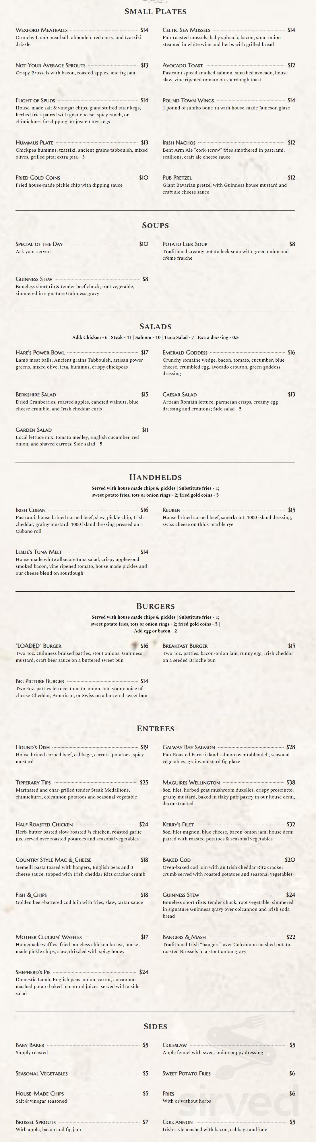 The Hare & The Hound menu in Putnam, Connecticut, USA