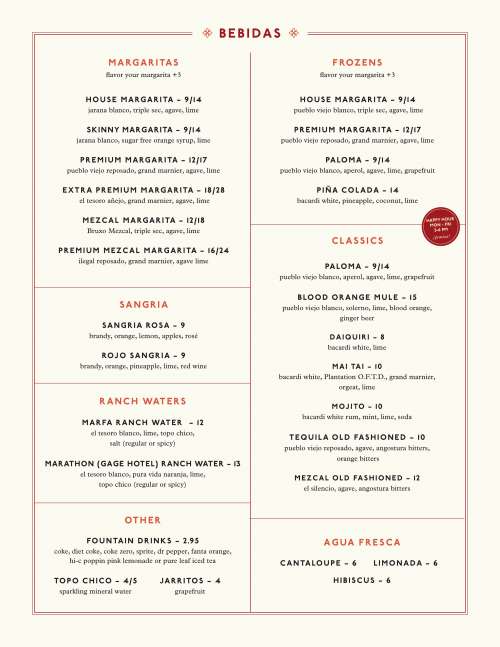 Candente menu in Houston, Texas, USA