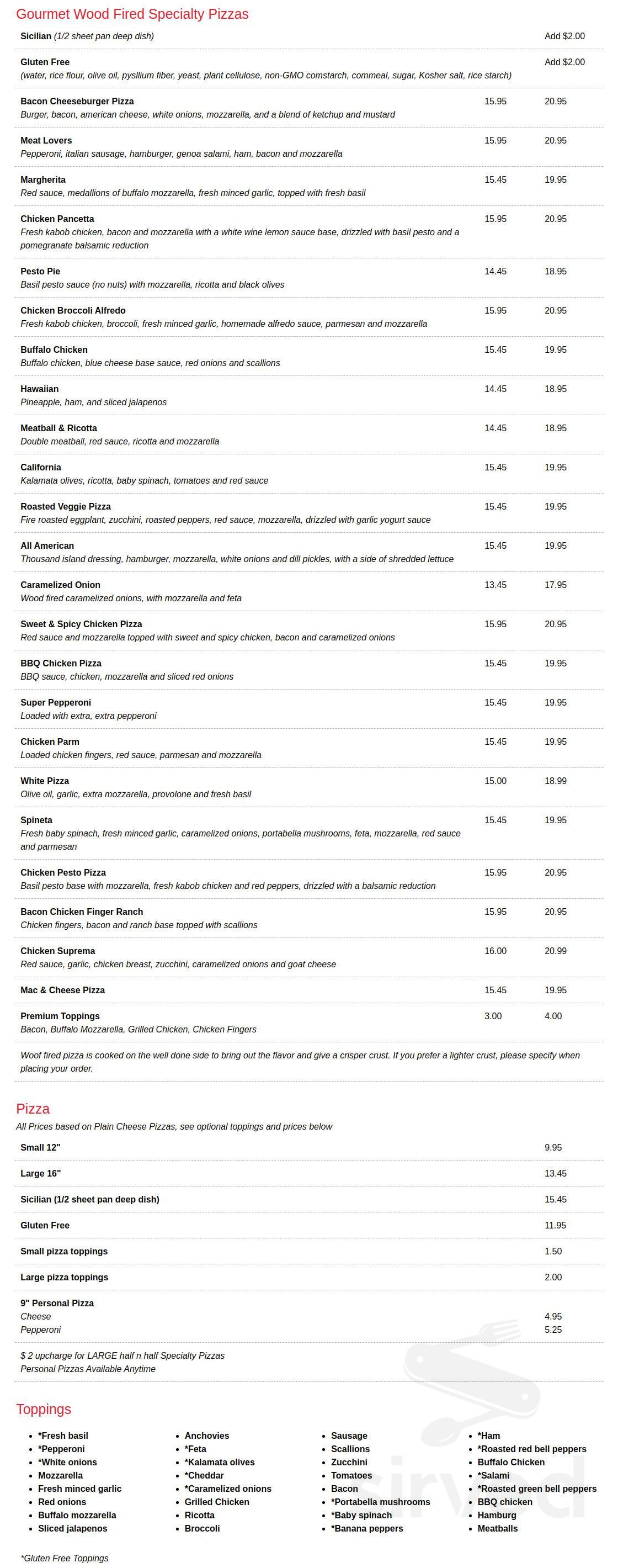 Balducci's Wood Fired Pizza menu in Salem, New Hampshire, USA