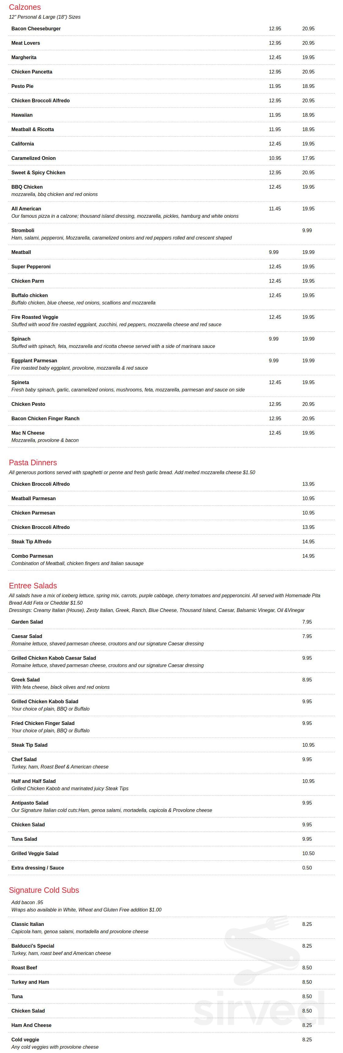 Balducci's Wood Fired Pizza menu in Salem, New Hampshire, USA