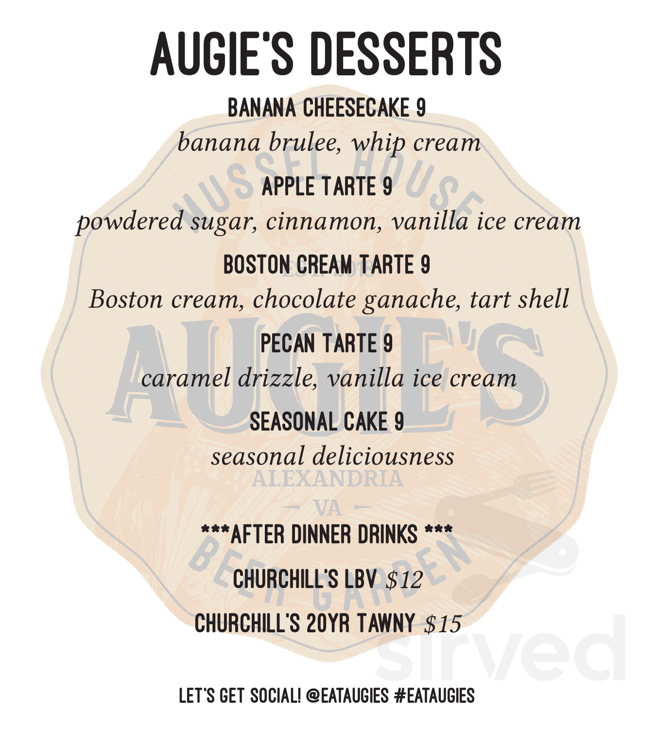 Augie's Mussel House and Beer Garden menu in Alexandria, Virginia, USA