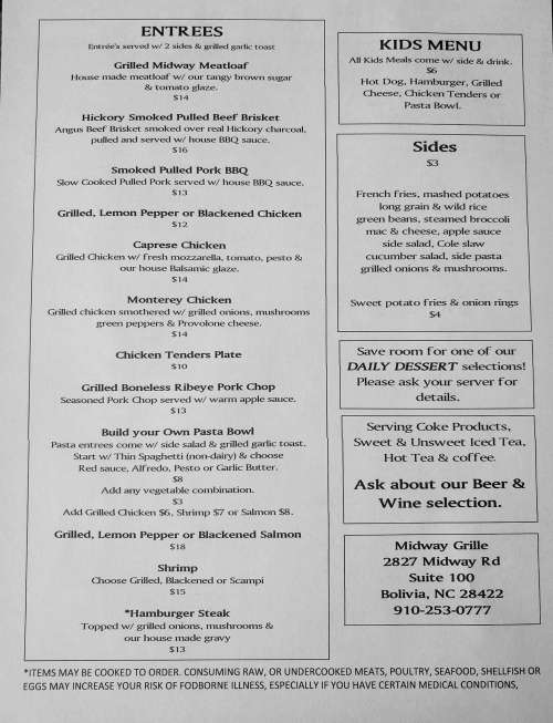 Midway Grille menu in Bolivia, North Carolina, USA