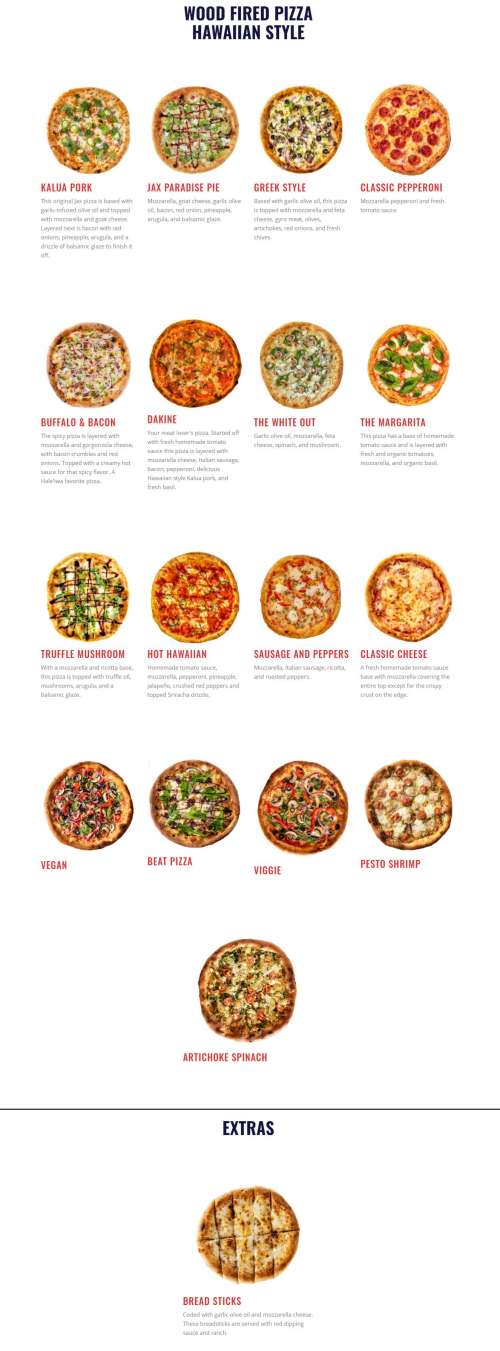 Jax Wood Fired Pizza menu in Haleiwa, Hawaii, USA