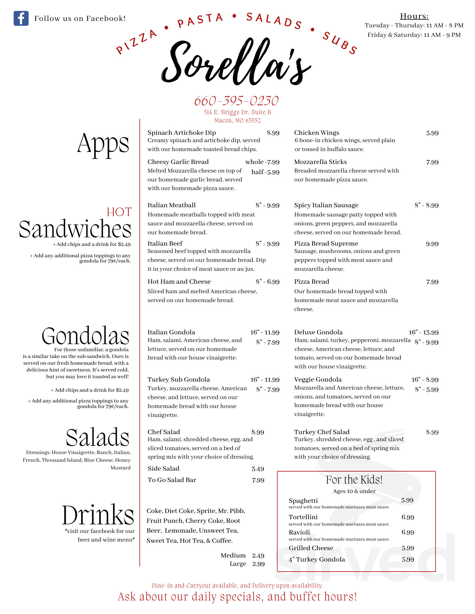 Sorella's Italian Express menu in Macon, Missouri, USA