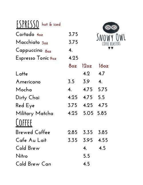Snowy Owl Coffee Espresso Bar menu in Chatham, Massachusetts, USA