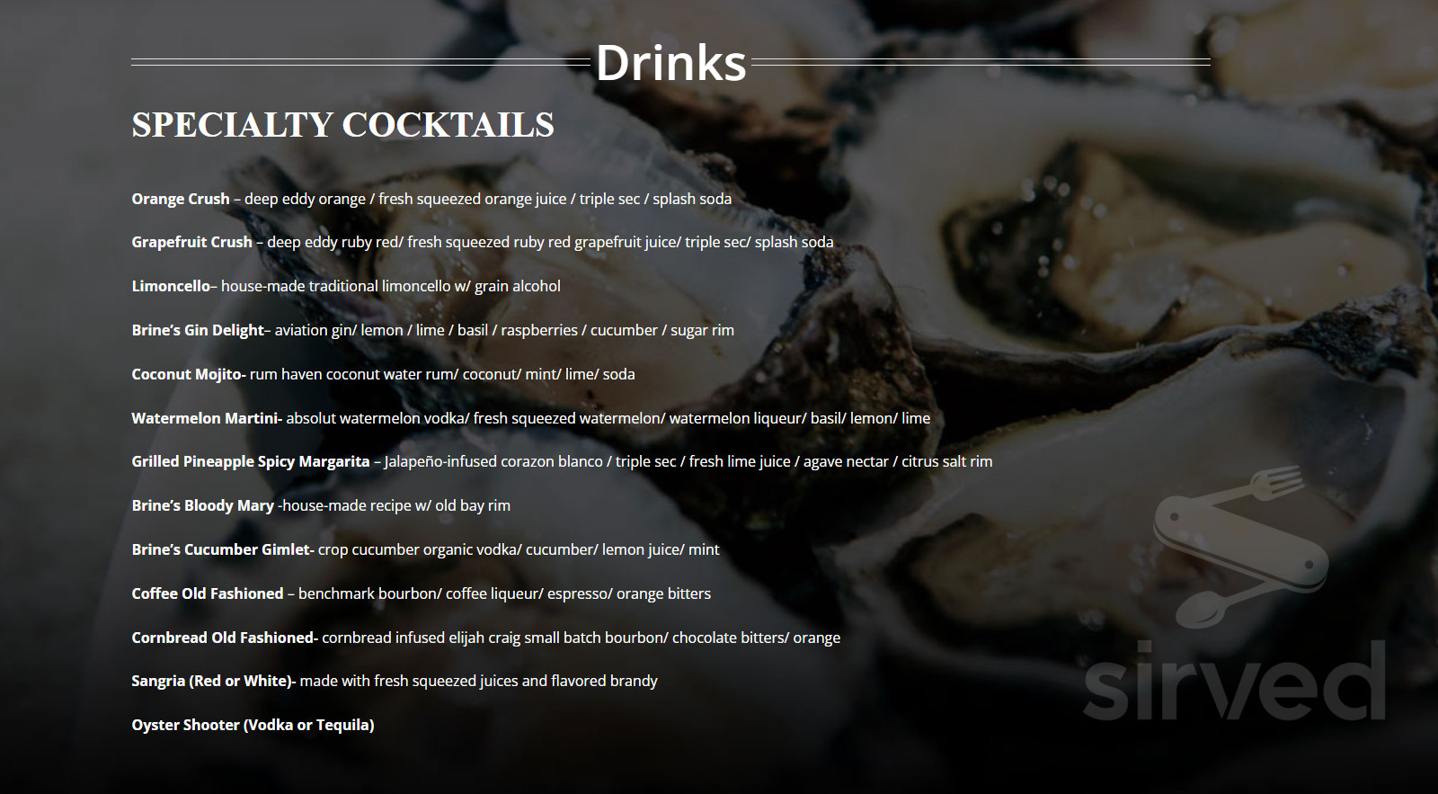 Brine Seafood and Raw Bar menu in Sarasota, Florida, USA