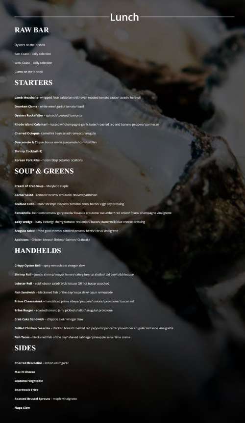 Brine Seafood and Raw Bar menu in Sarasota, Florida, USA