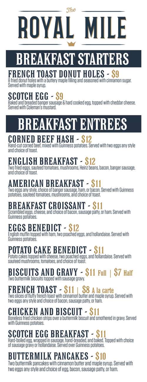 The Royal Mile menu in Des Moines, Iowa, USA