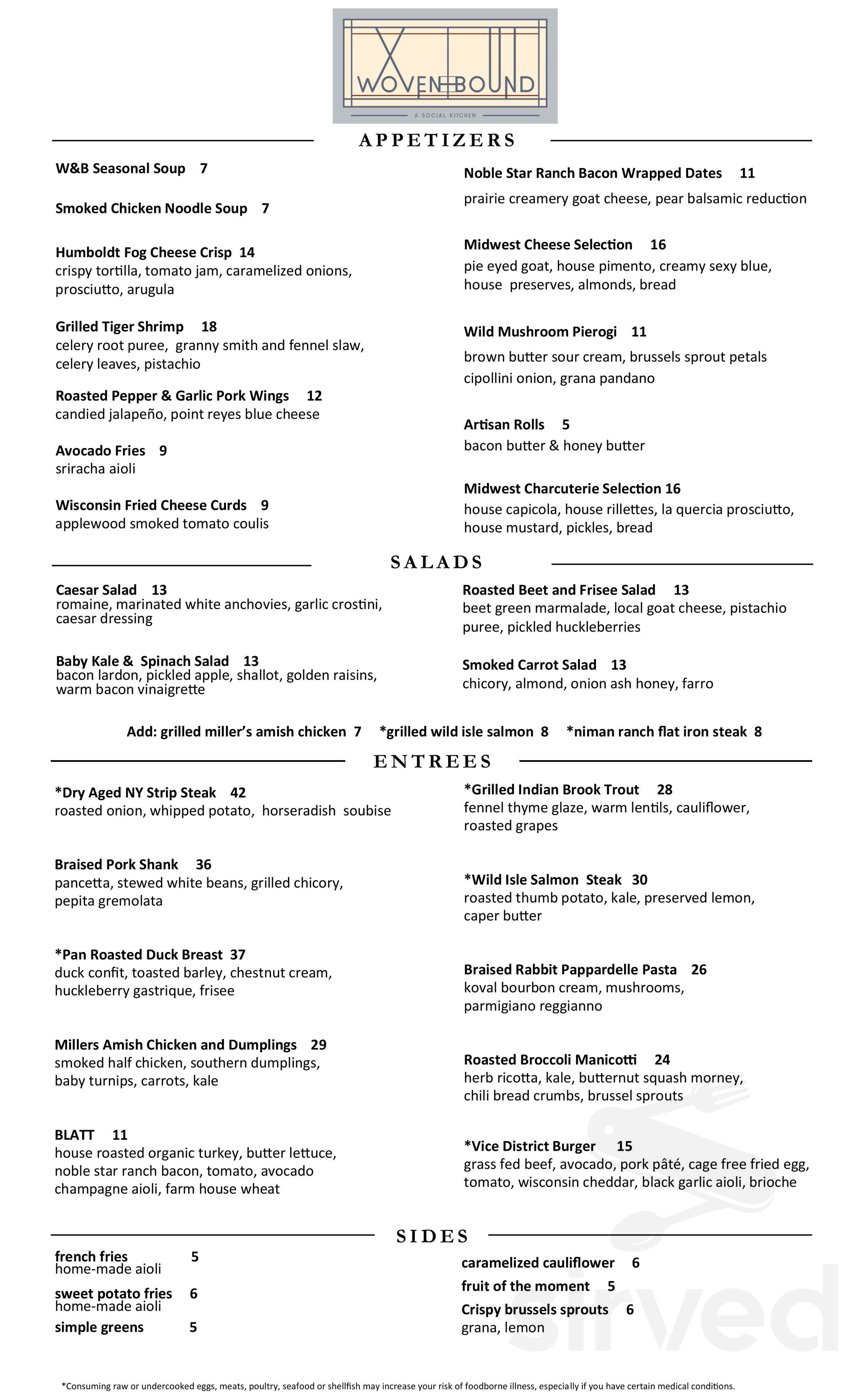 Woven + Bound Restaurant menu in Chicago, Illinois, USA
