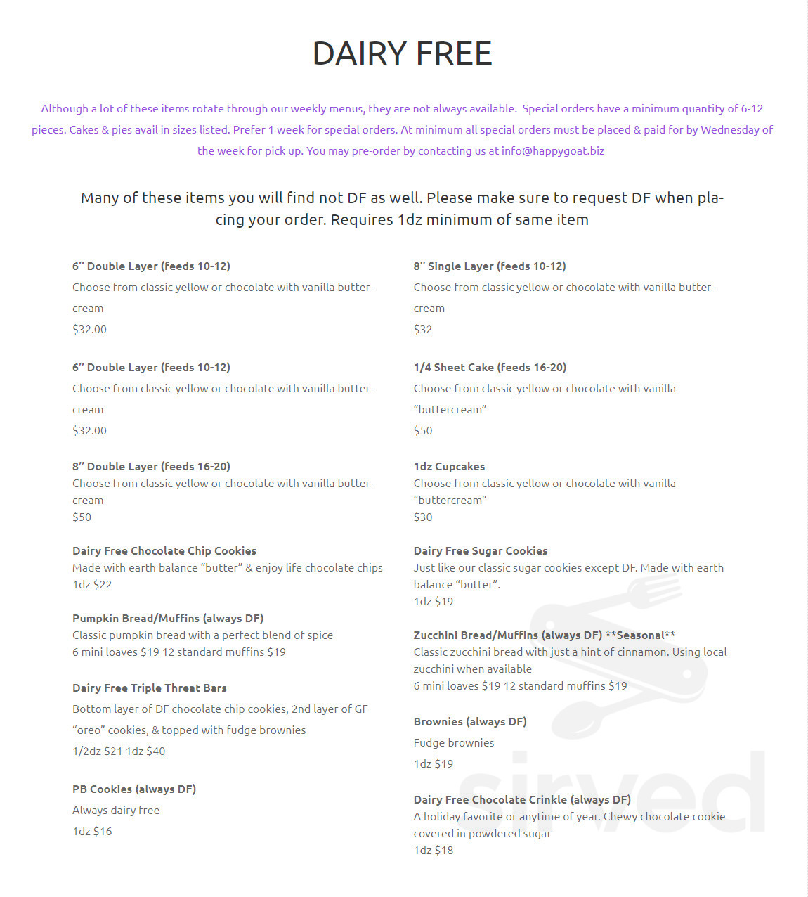 Menu - Lancaster OH's Happy Goat Gluten-Free Bakery | Sirved
