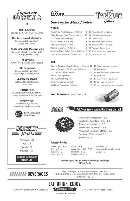 TapRoot menu in Decatur, Illinois, USA