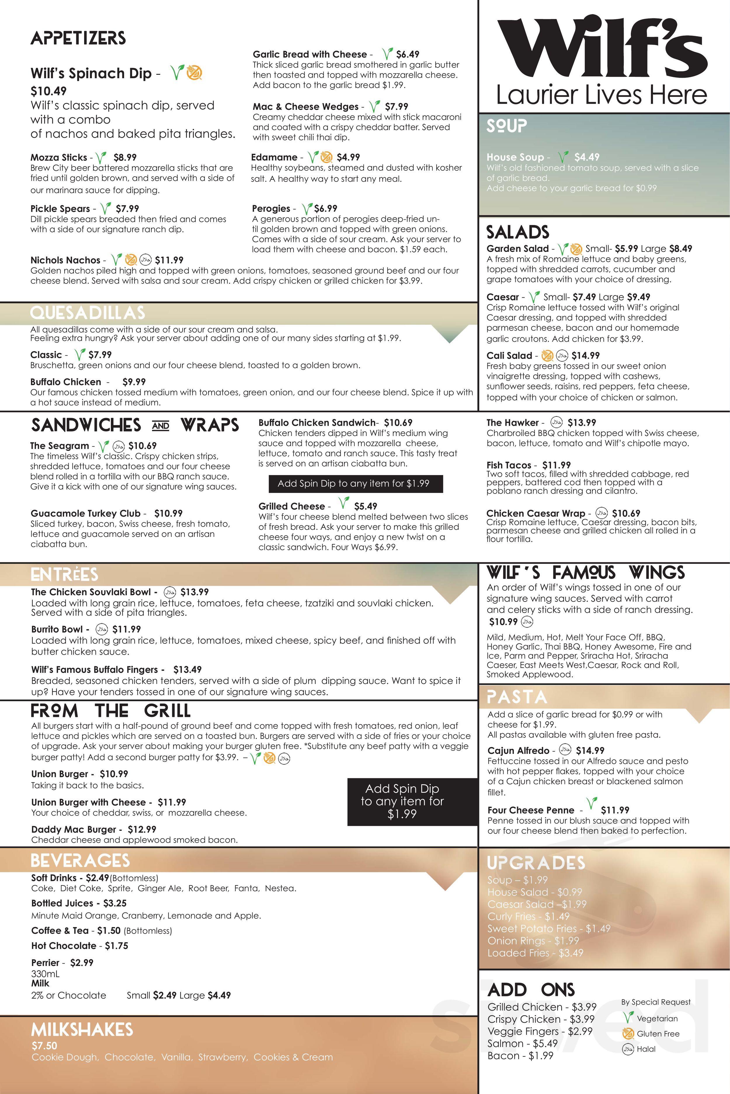 Menu for Wilf's in Waterloo, ON | Sirved