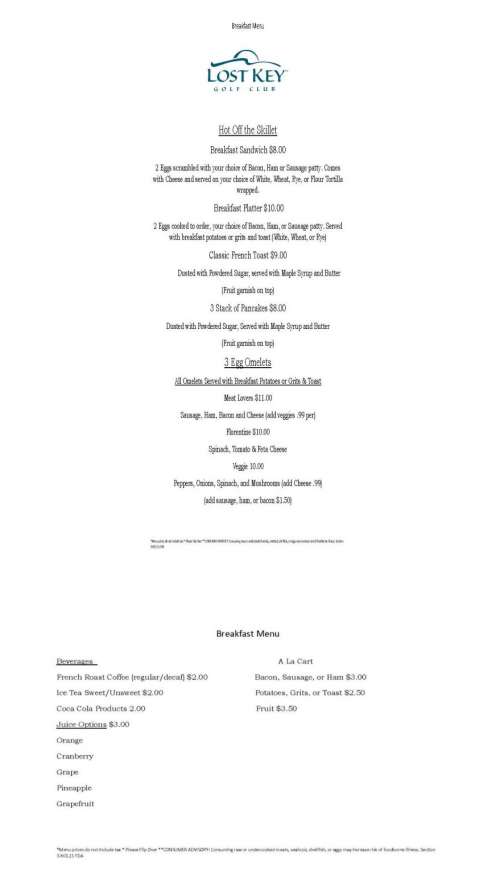 Lost Key Golf & Beach Club menu in Pensacola, Florida, USA