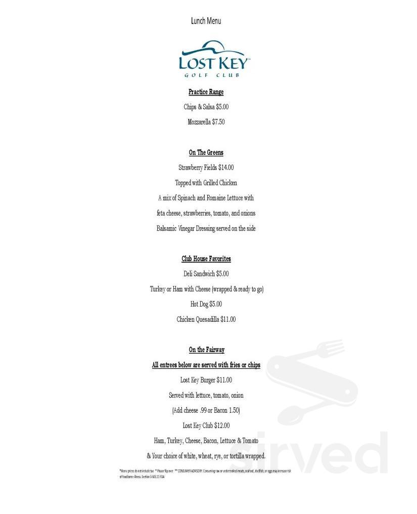 Menu for Lost Key Golf & Beach Club in Pensacola, FL | Sirved