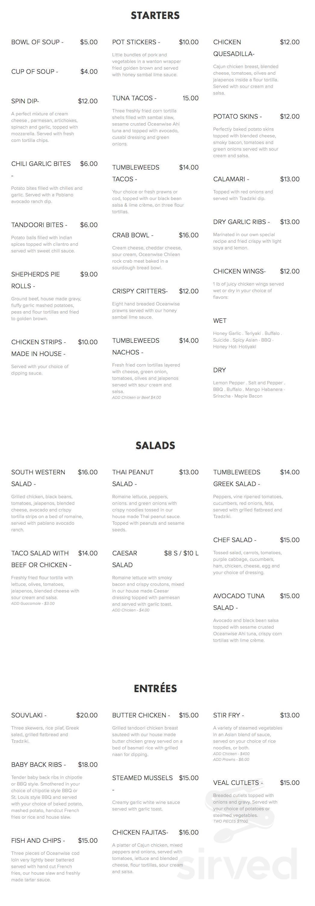 Menu for Tumbleweeds Neighbourhood Pub in Kamloops, BC | Sirved