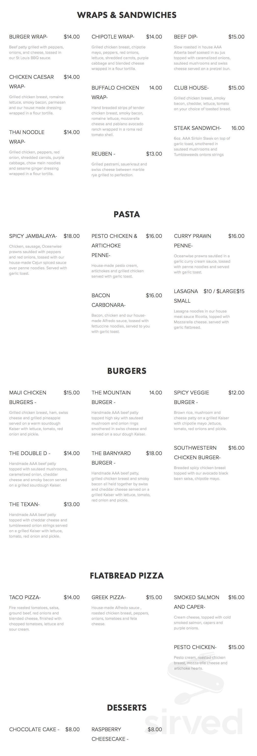 Menu - Kamloops BC's Tumbleweeds Neighbourhood Pub | Sirved