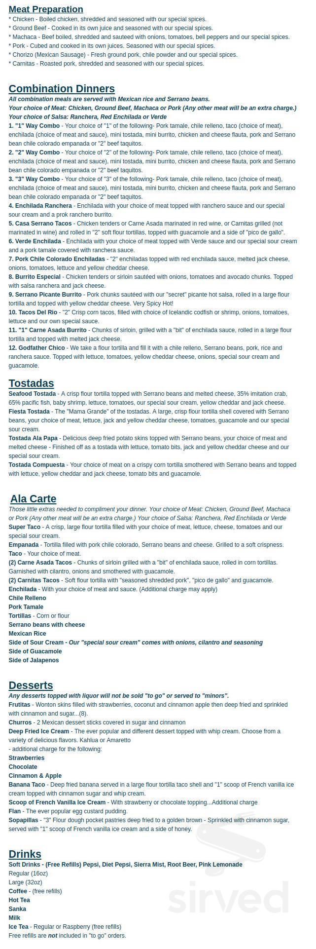 Menu - Laughlin NV's Casa Serrano | Sirved