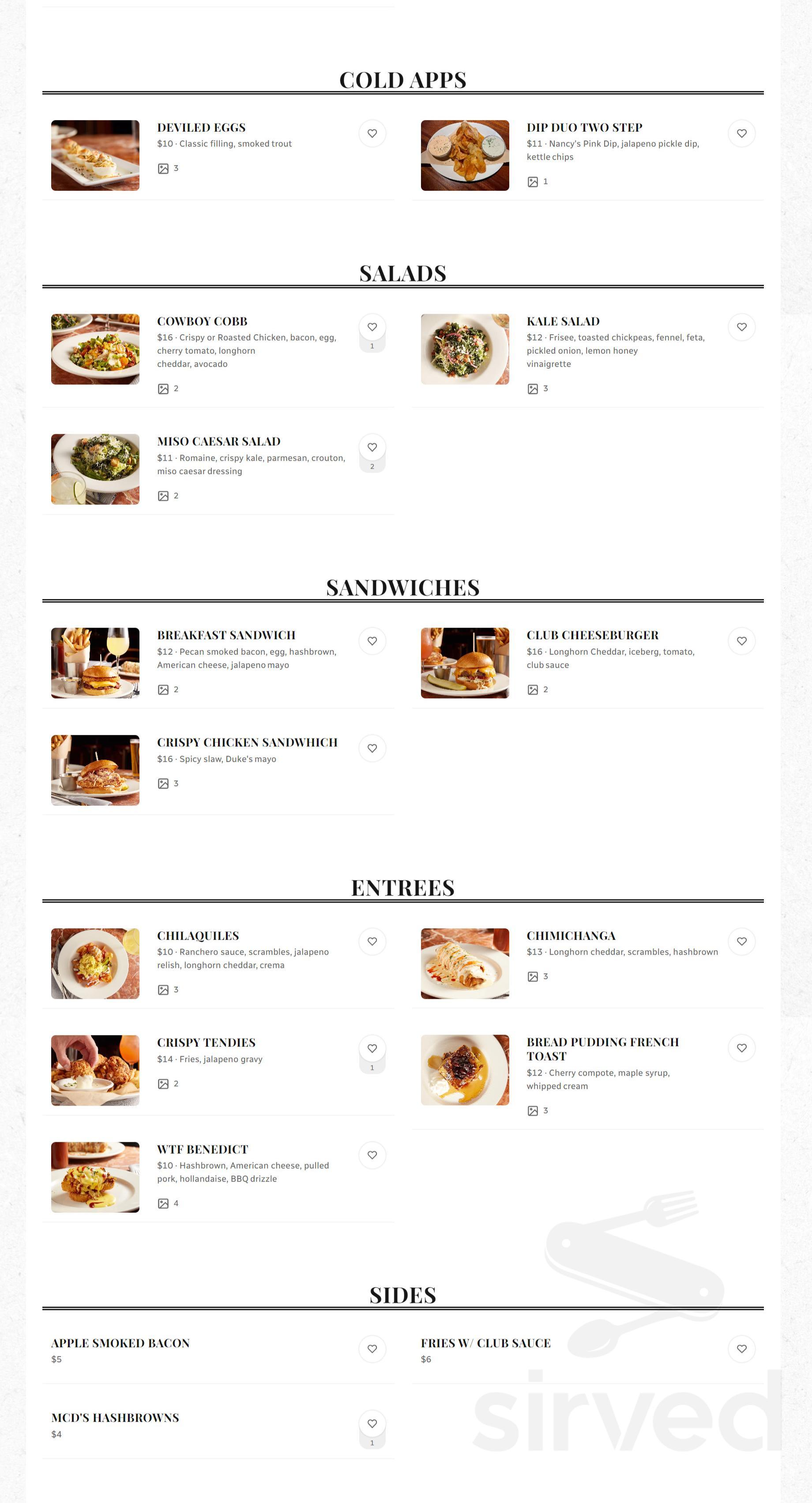 Alamo Club menu in Dallas, Texas, USA
