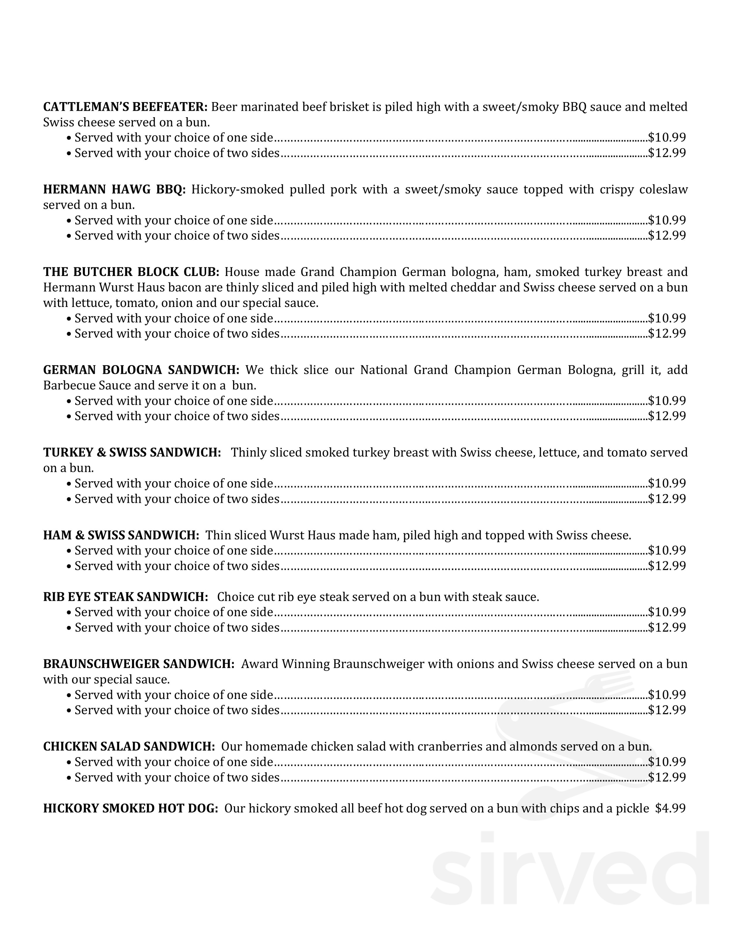 Hermann Wurst Haus menu in Hermann, Missouri, USA