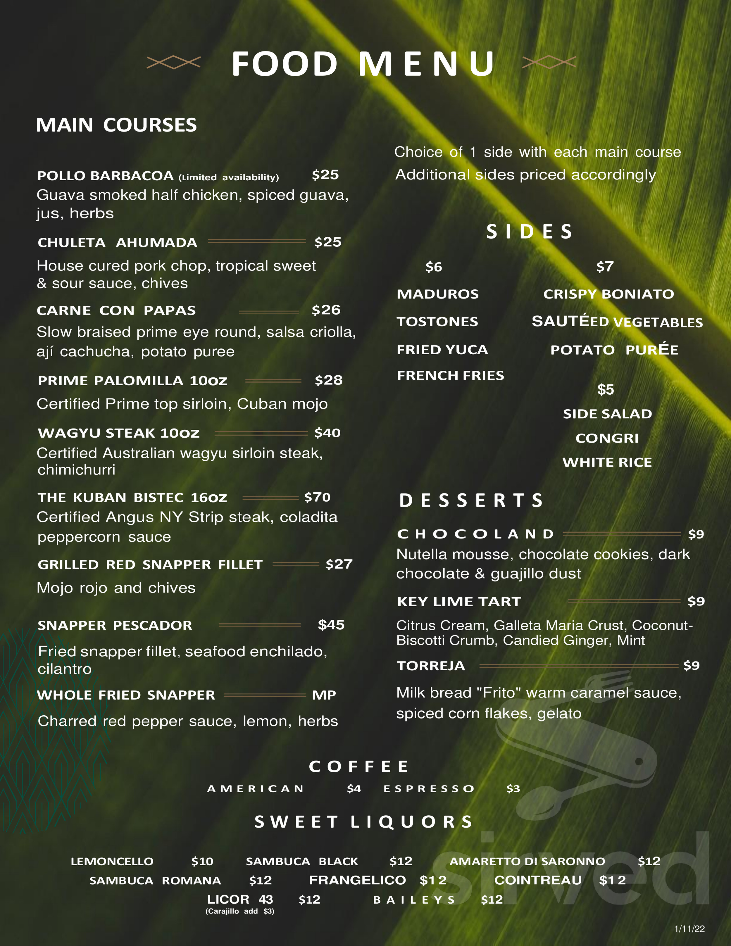 Kuba Cabana menu in Doral, Florida, USA