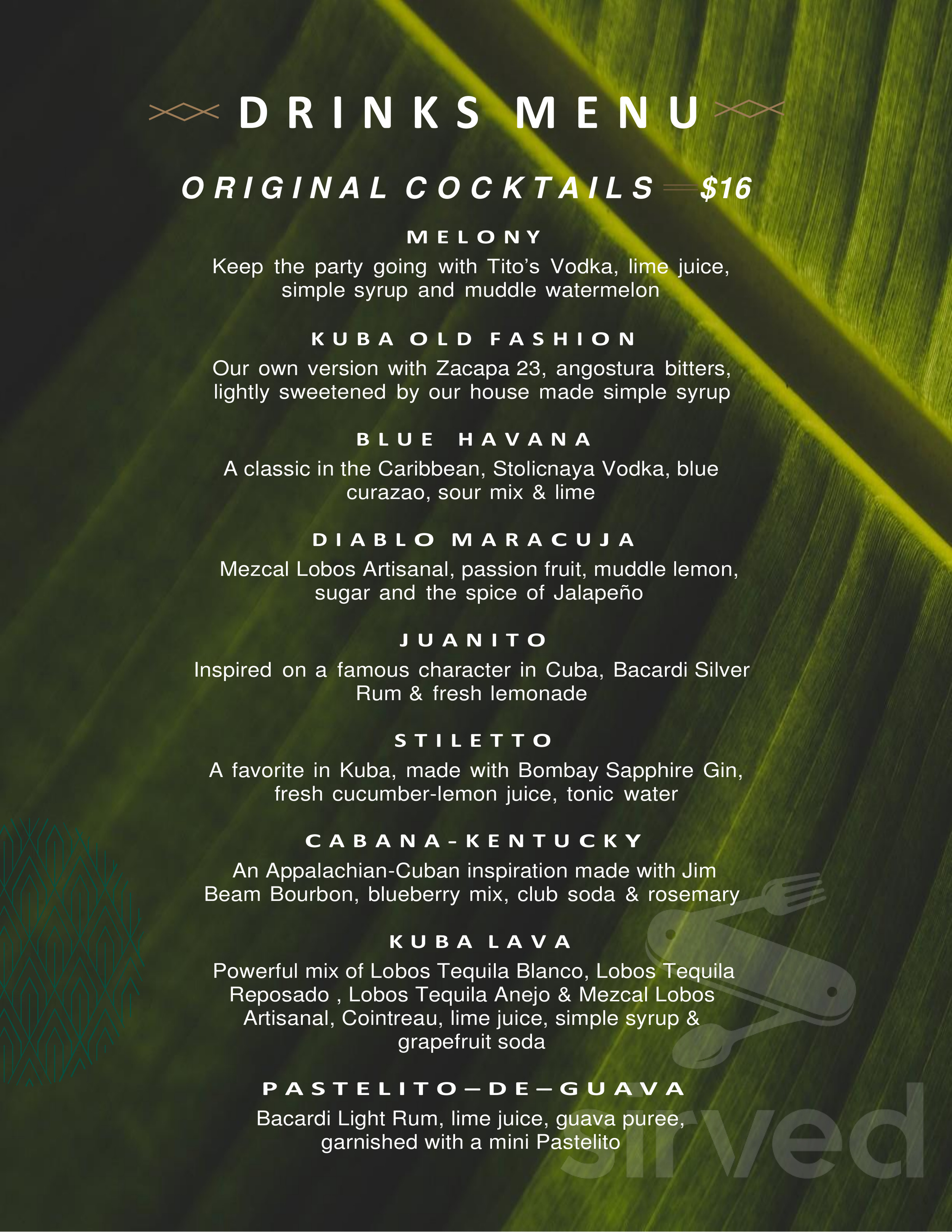 Kuba Cabana menu in Doral, Florida, USA