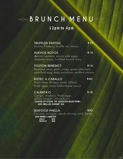 Kuba Cabana menu in Doral, Florida, USA