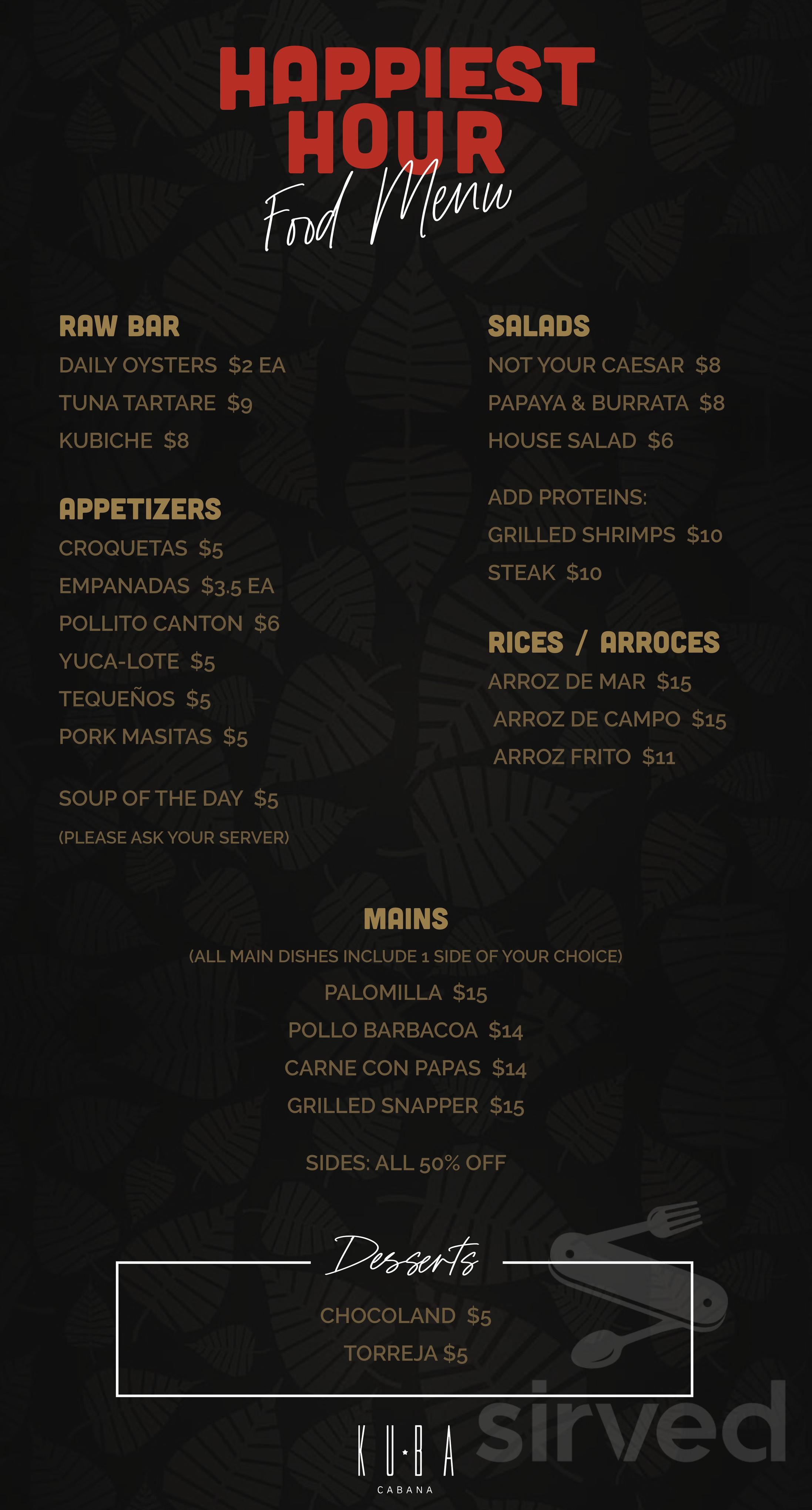 Kuba Cabana menu in Doral, Florida, USA