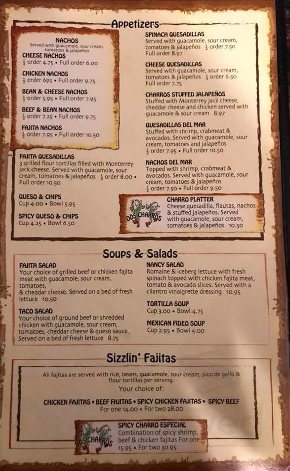 Dos Charros Tex mex menu in Emory, Texas, USA
