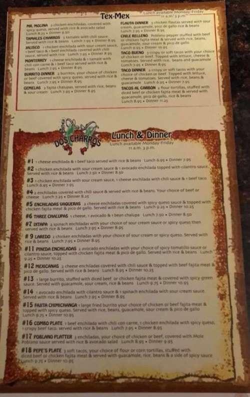 Dos Charros Tex mex menu in Emory, Texas, USA
