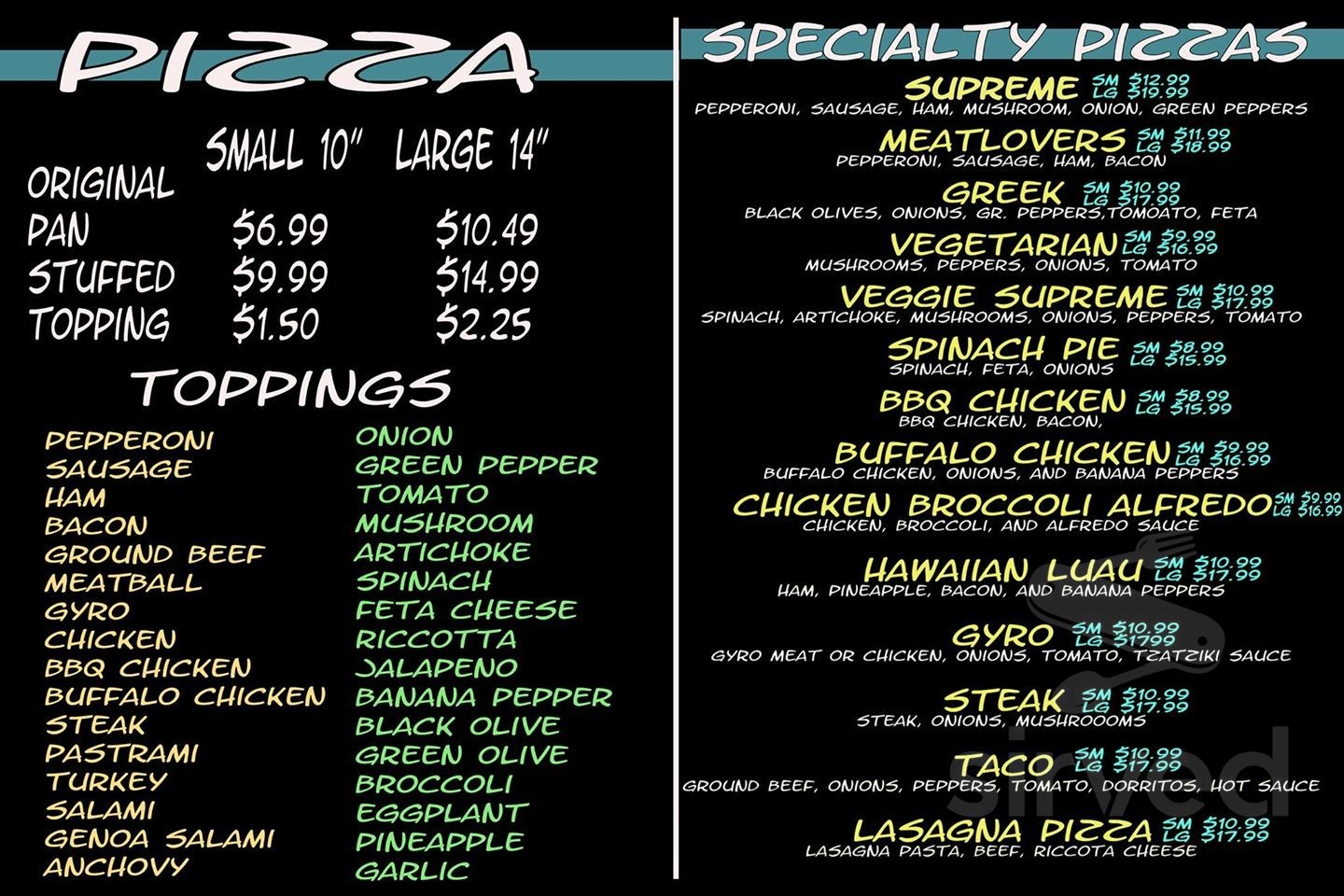 Bell's Greek Pizza menu in Mt Pleasant, Michigan, USA