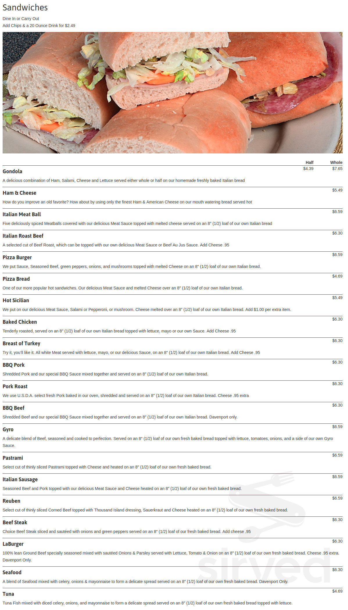 The Grinders & Spaghetti House menu in Davenport, Iowa, USA