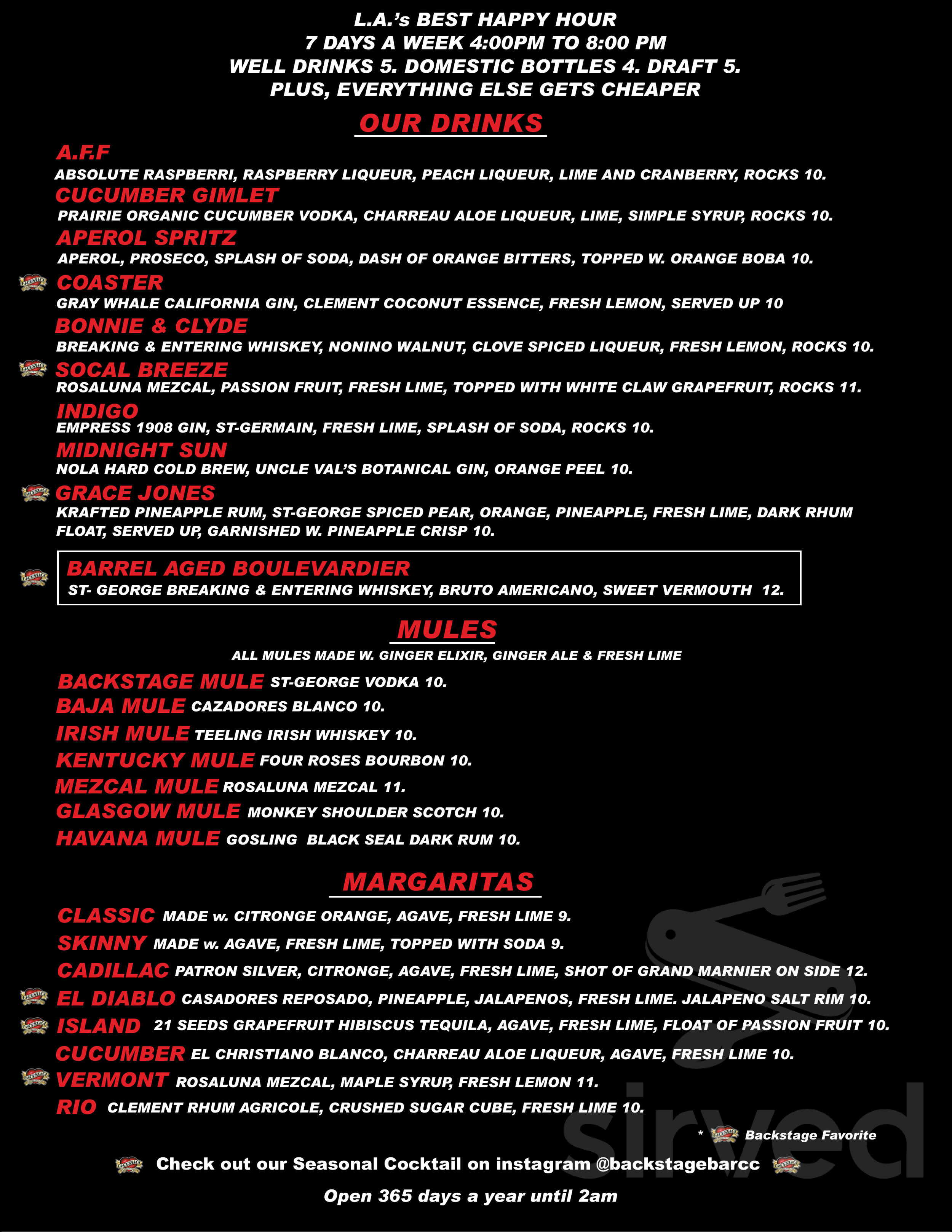 Backstage Bar & Grill menus in Culver City, California, United States