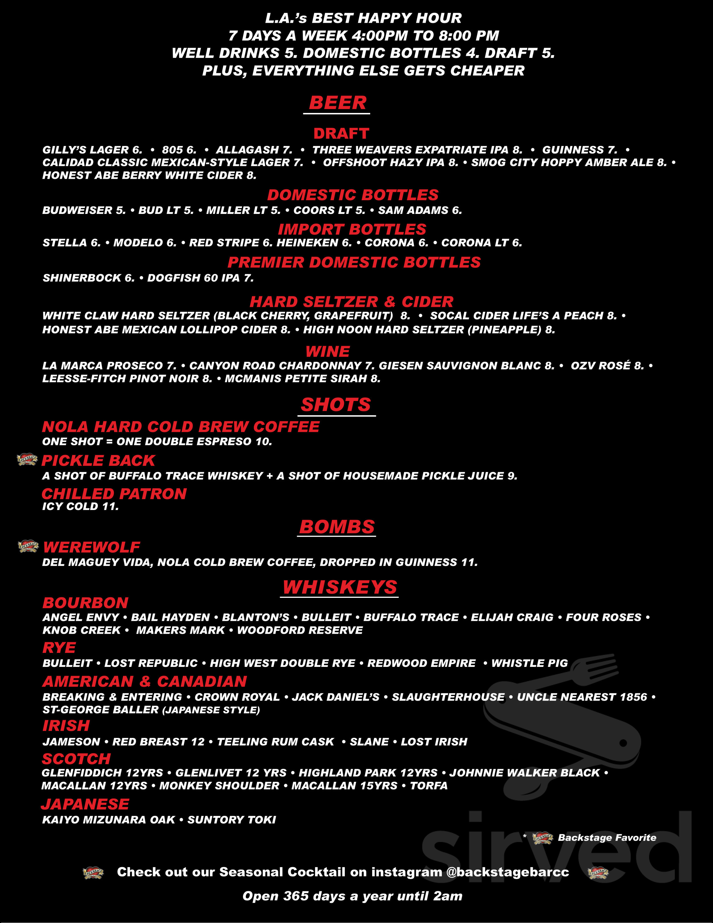 Backstage Bar & Grill menus in Culver City, California, United States
