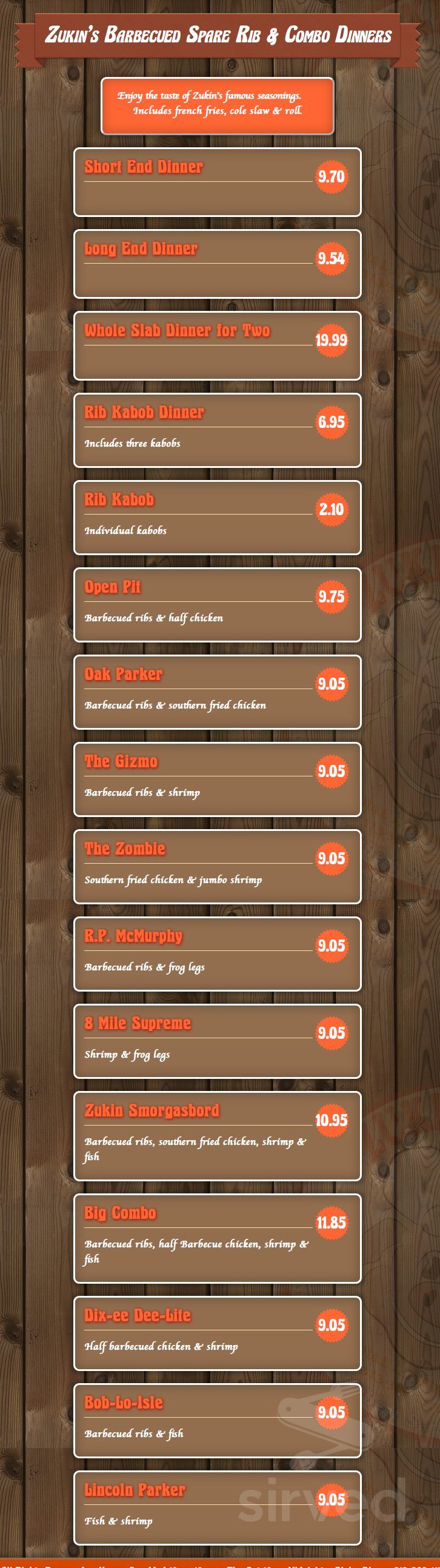 Zukin's Rib Shack menu in Lincoln Park, Michigan, USA