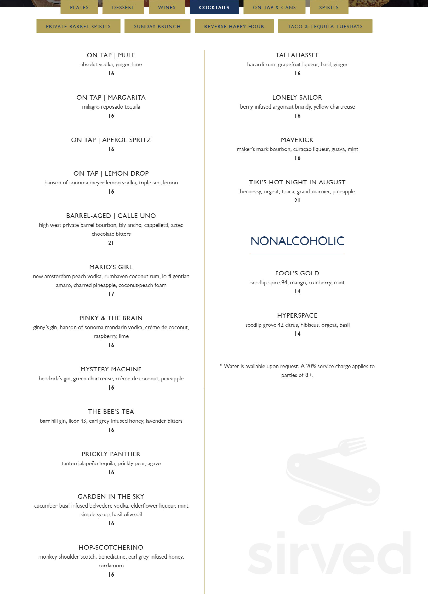 Sky & Vine Rooftop Bar menu in Napa, California, USA