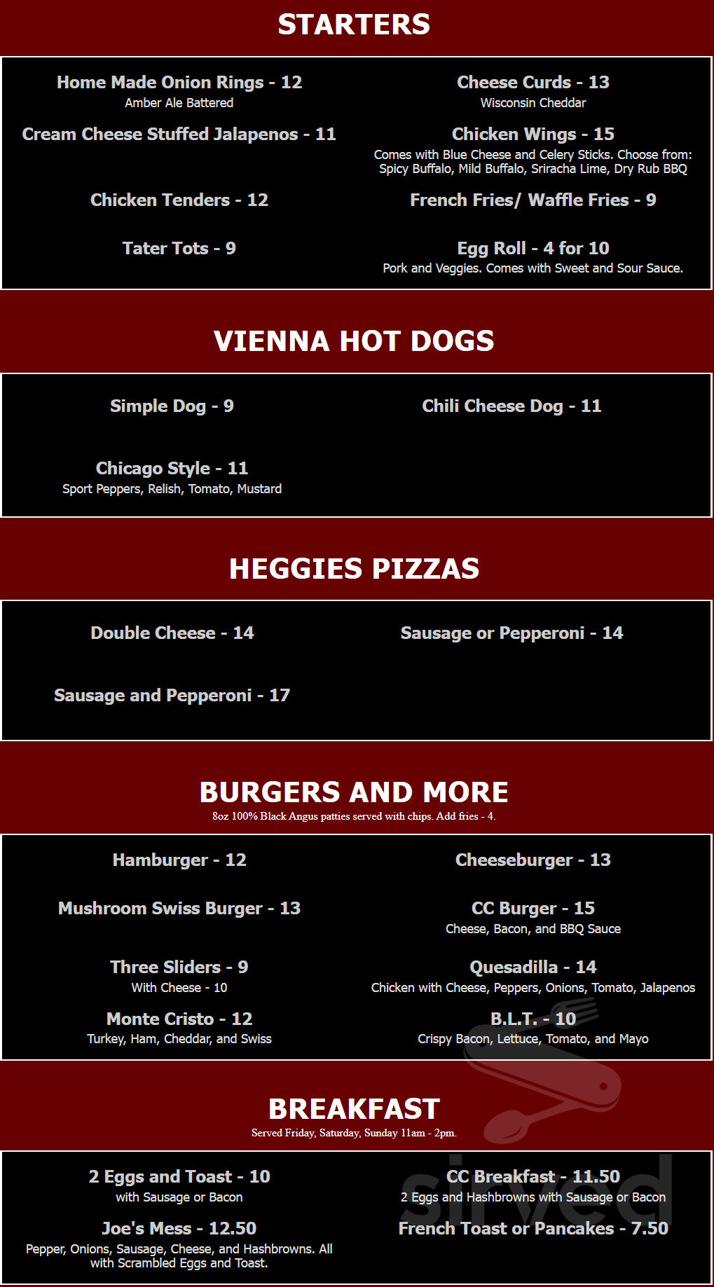 CC Club menu in Minneapolis, Minnesota, USA