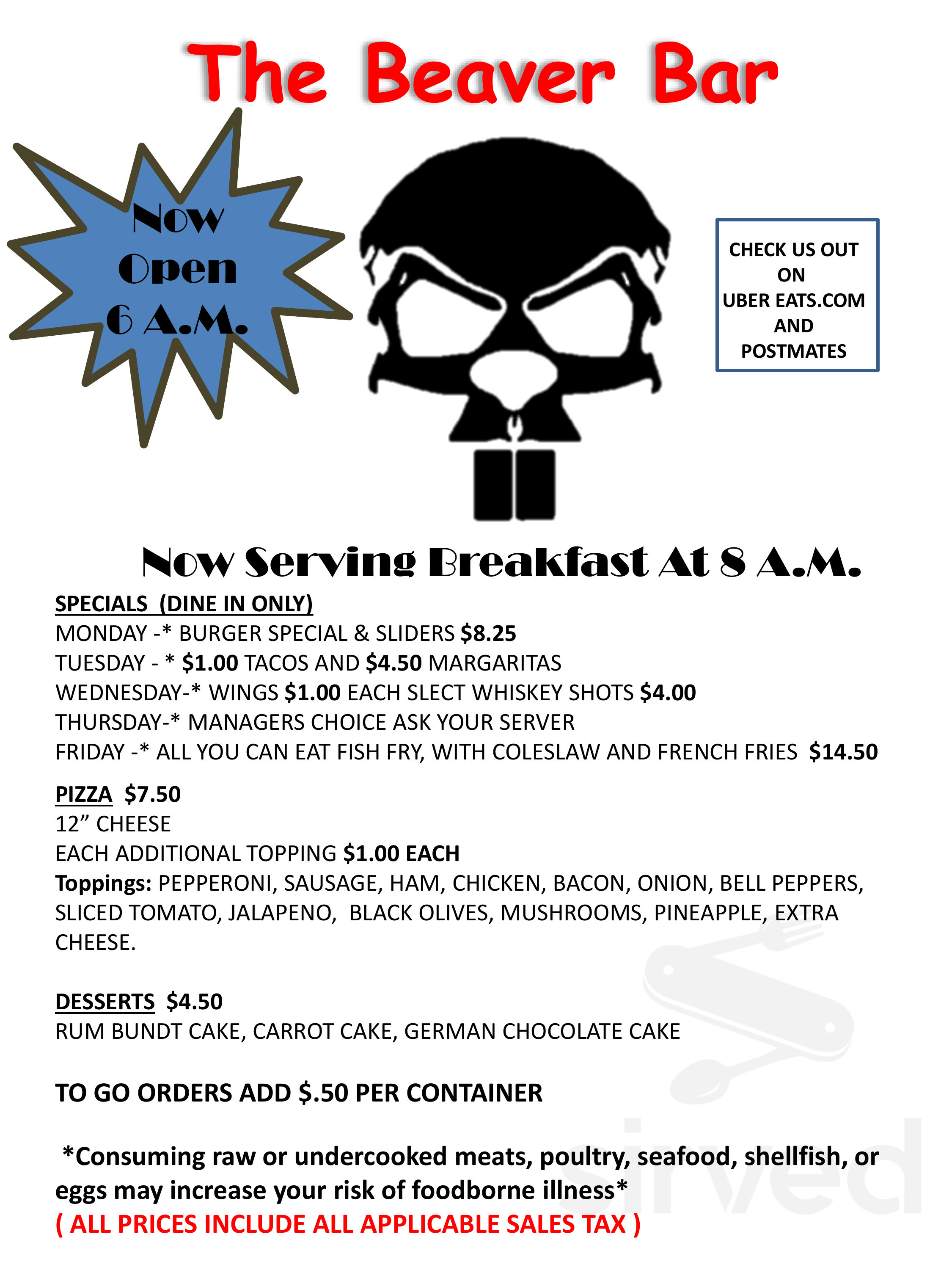 The Beaver Bar menu in Phoenix, Arizona, USA