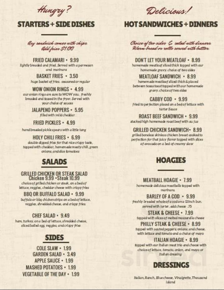 Barley menu in Tarentum, Pennsylvania, USA