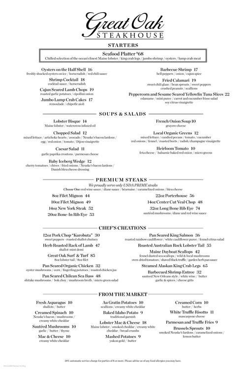 The Great Oak Steakhouse menu in Temecula, California, USA