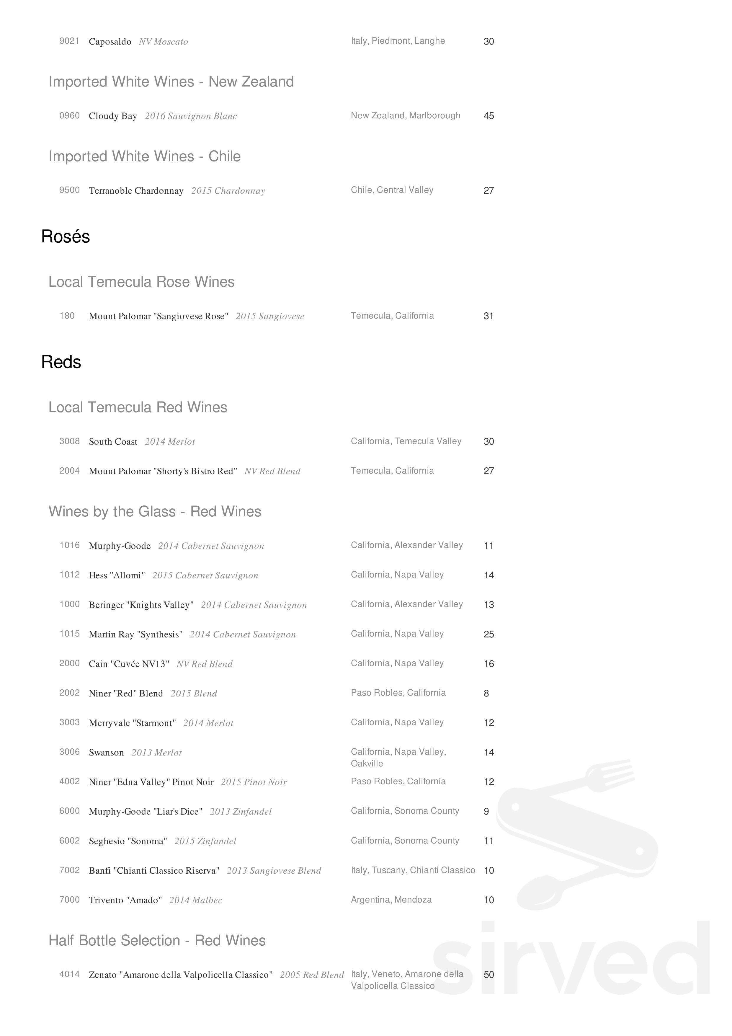 The Great Oak Steakhouse menus in Temecula, California, United States