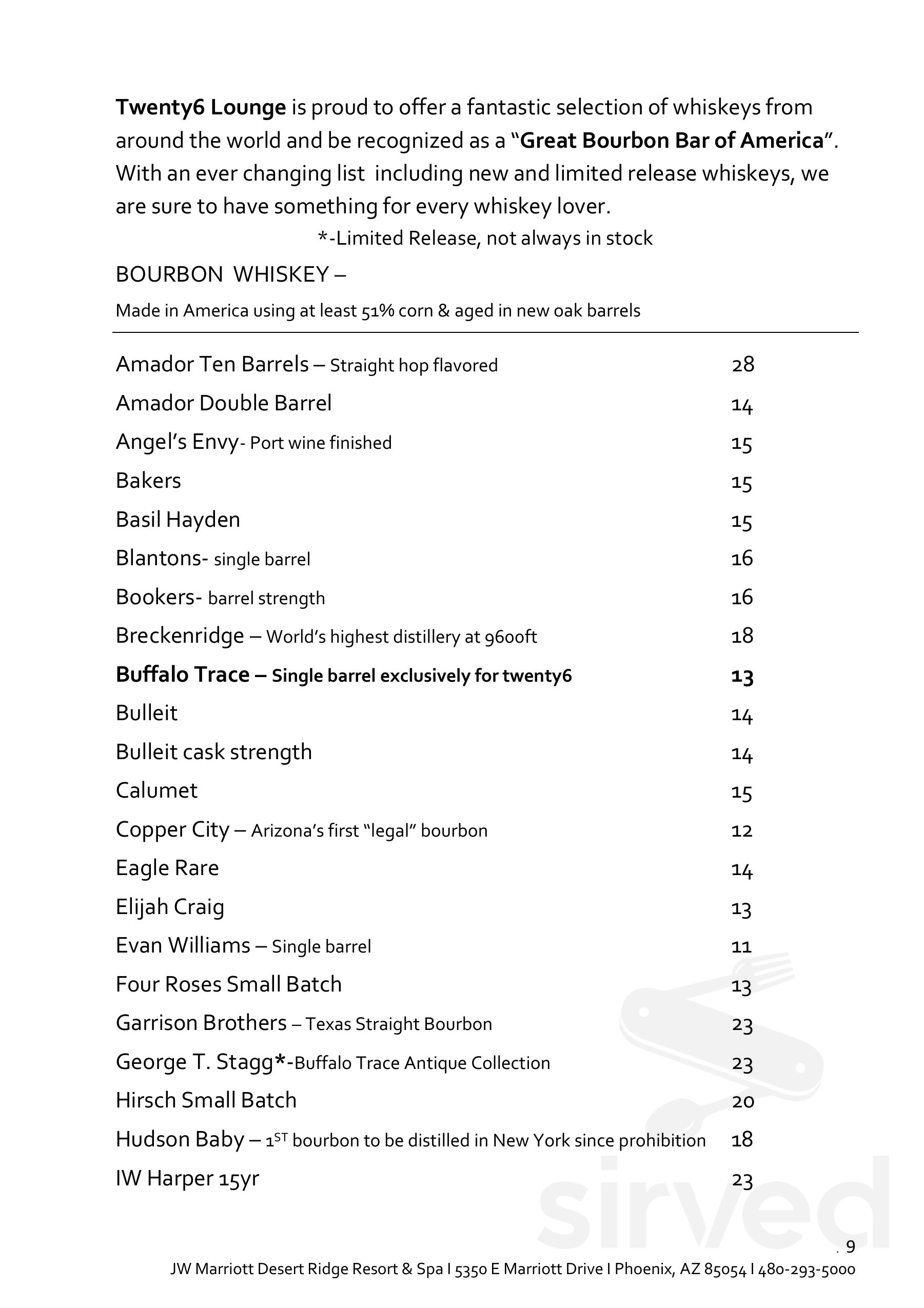 Twenty6 menus in Phoenix, Arizona, United States