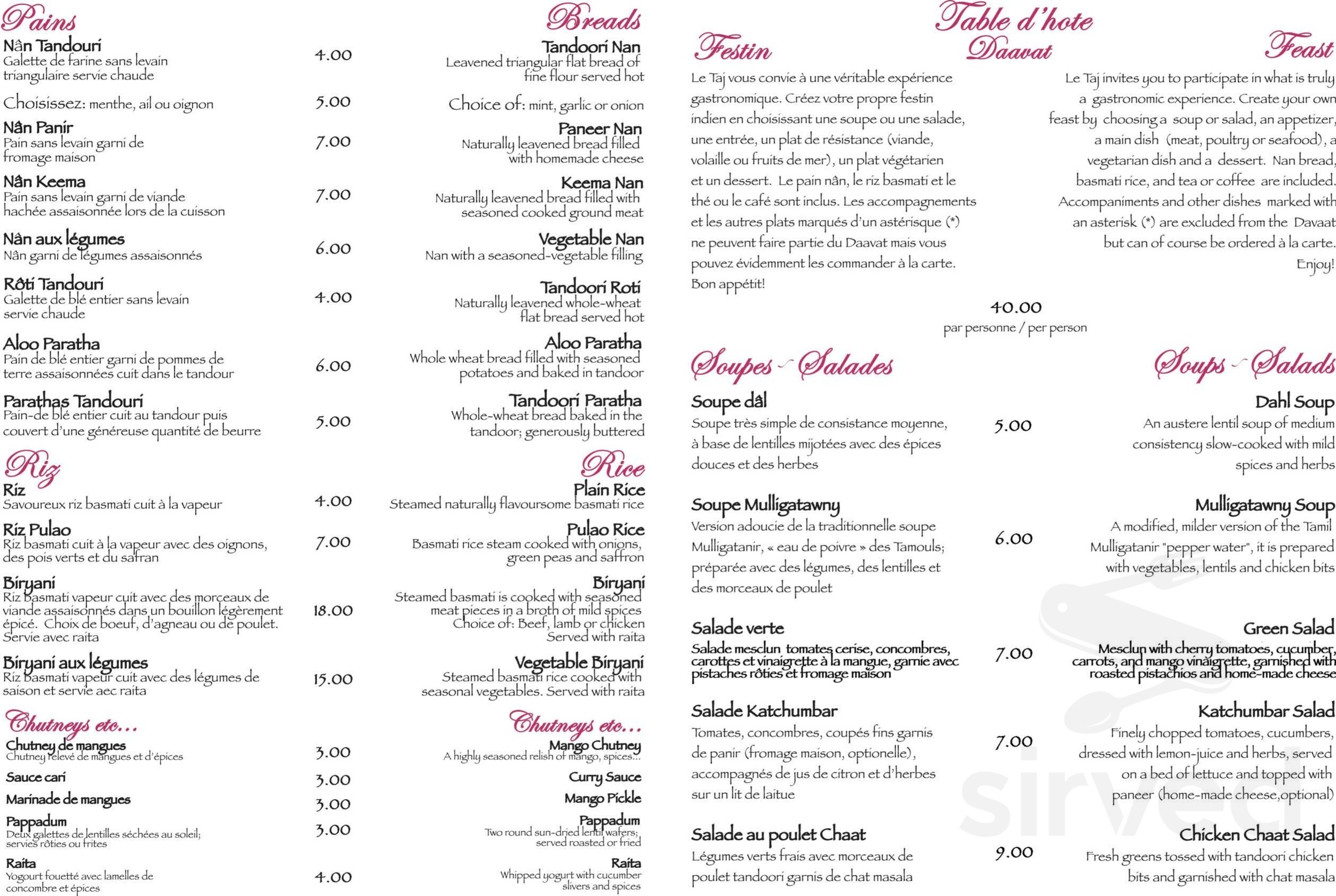 Le Taj menu in Montreal, Quebec H3A 1R7, Canada