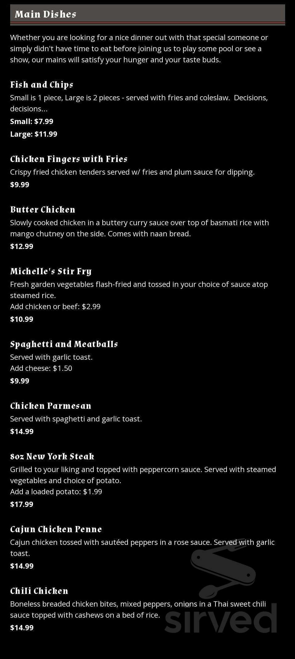 Menu - Whitby ON's Michelle's Billiards And Lounge Inc | Sirved
