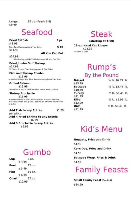 Rump's BBQ menu in Palestine, Texas, USA
