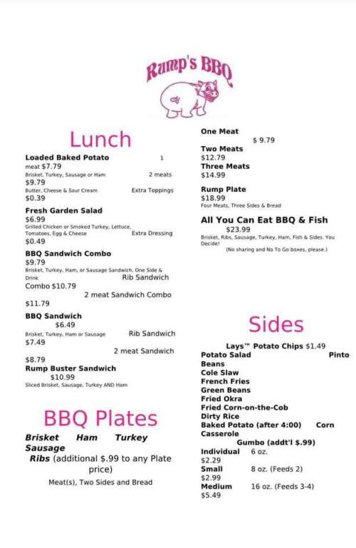 Rump's BBQ menu in Palestine, Texas, USA