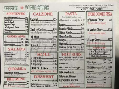 Pizzeria & Pasta Shack menu in Anniston, Alabama, USA