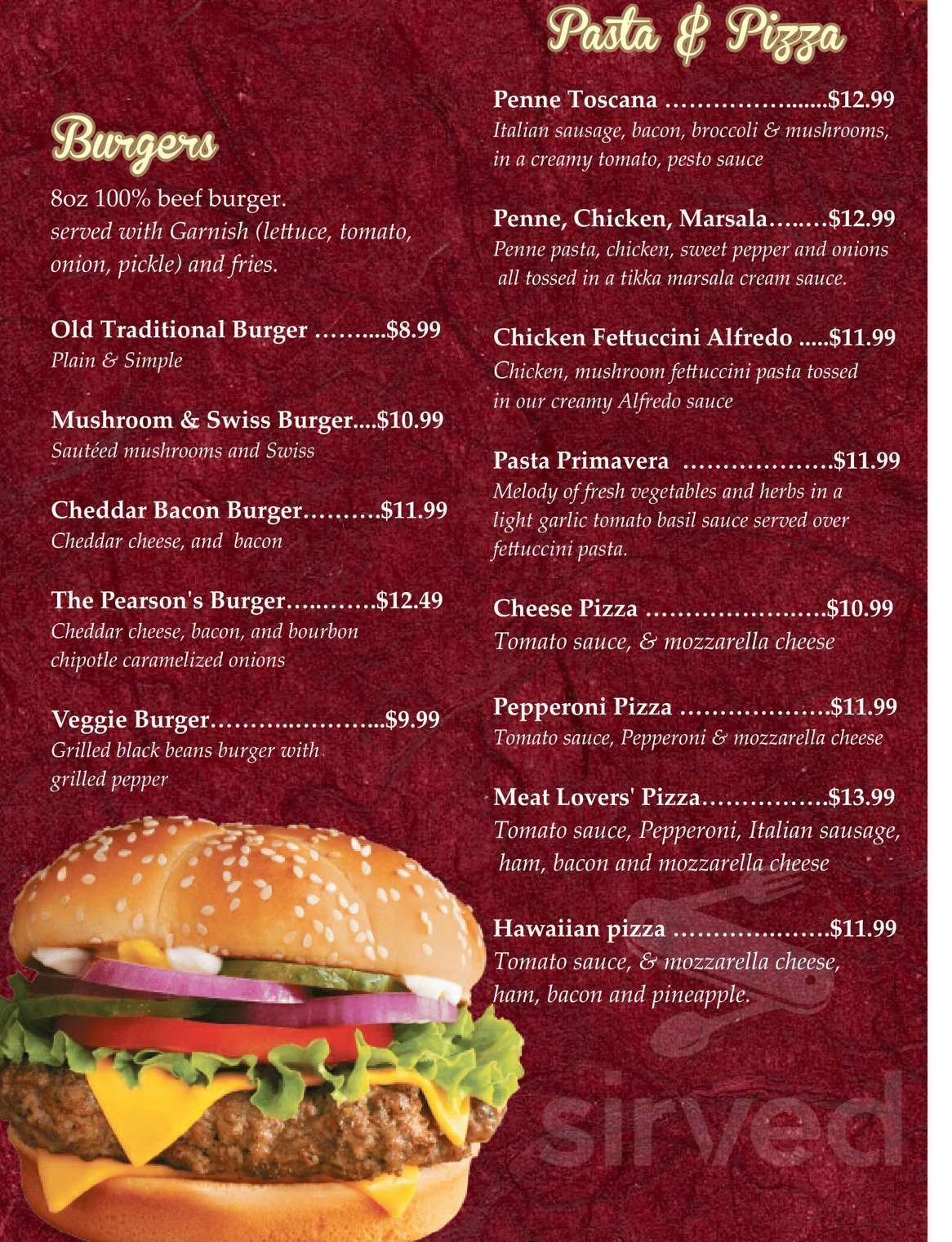 The Pearson Pub menu in Whitby, Ontario, Canada